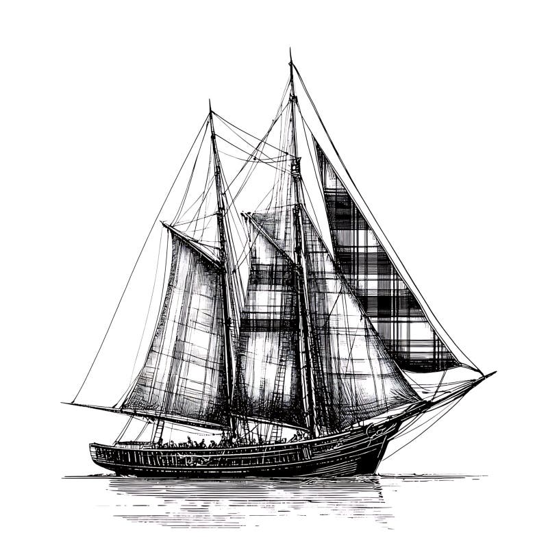 Hand-drawn Sketch of a Classic Sailing Ship with Plaid Sails Stock ...