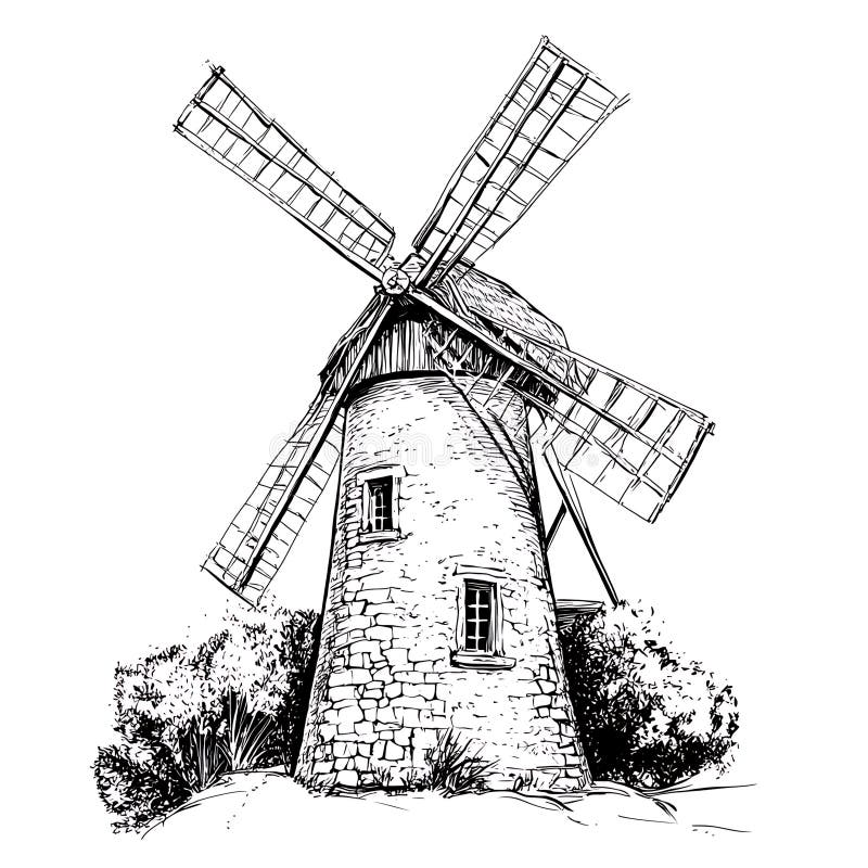 Hand-drawn Sketch of a Classic Stone Windmill Stock Illustration ...