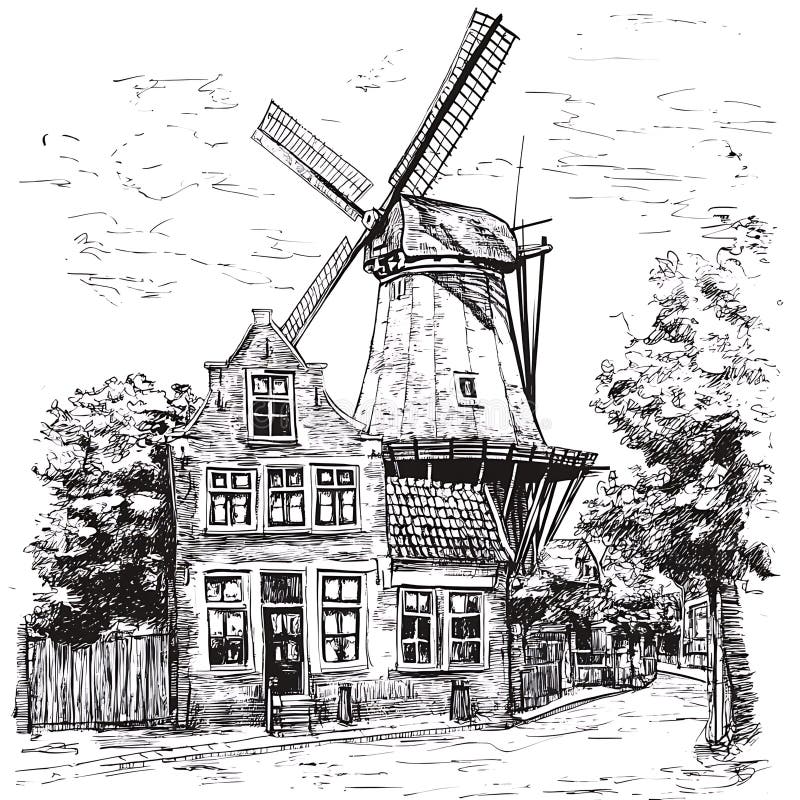 Hand-drawn Sketch of a Classic Windmill with Attached House Stock ...