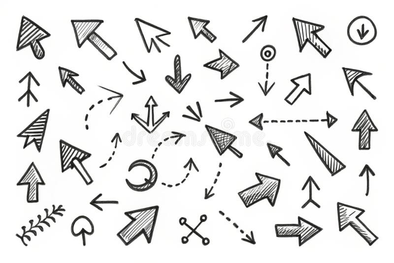 Hand-drawn Sketch Collection of Various Arrow Cursors and Pointers ...