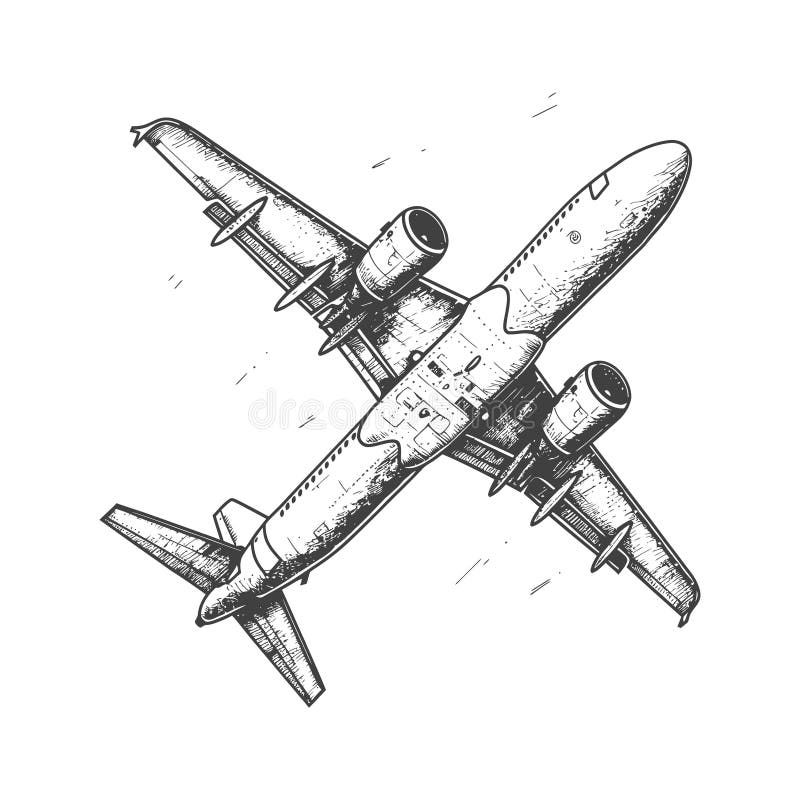 Hand-drawn Sketch of Airplane in Flight, Top View Stock Vector ...