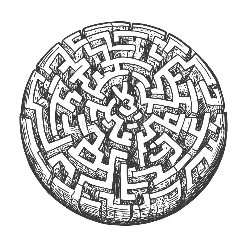 Intricate Circular Maze Design, Hand-Drawn Labyrinth Illustration Stock ...
