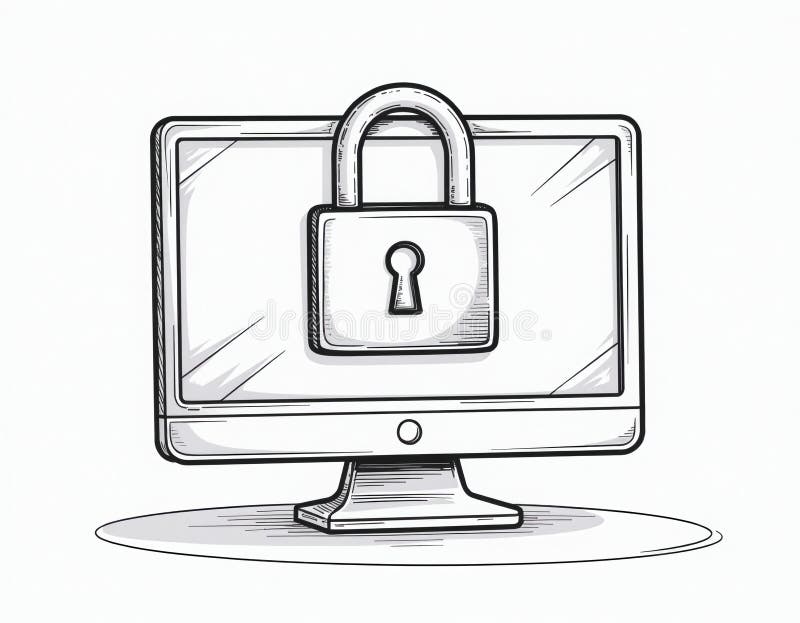 Hand-drawn Sketch of Computer Monitor with Padlock - Online Security ...