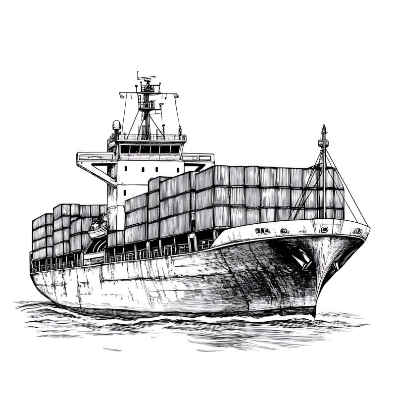 Hand-drawn Sketch of a Container Ship at Sea Stock Illustration ...