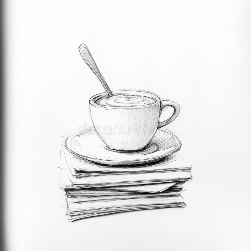 Hand-drawn Sketch of a Cup on Stacked Books Stock Illustration ...