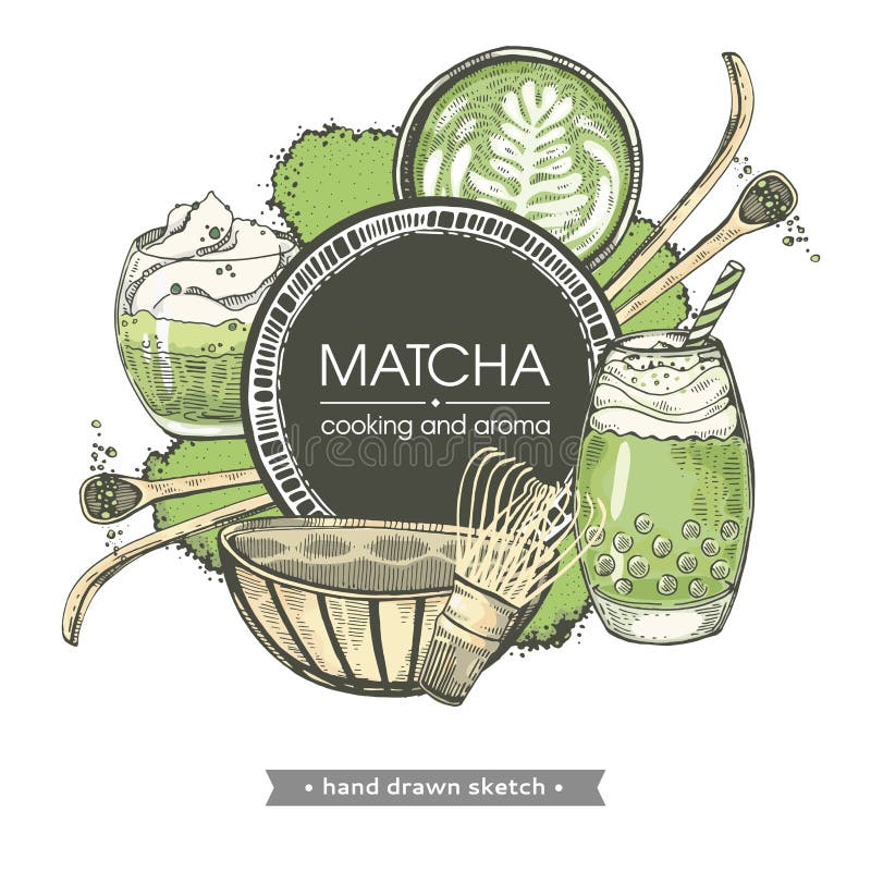 Hand-drawn Sketch Different Matcha Drinks and Cookings. Stock Vector ...