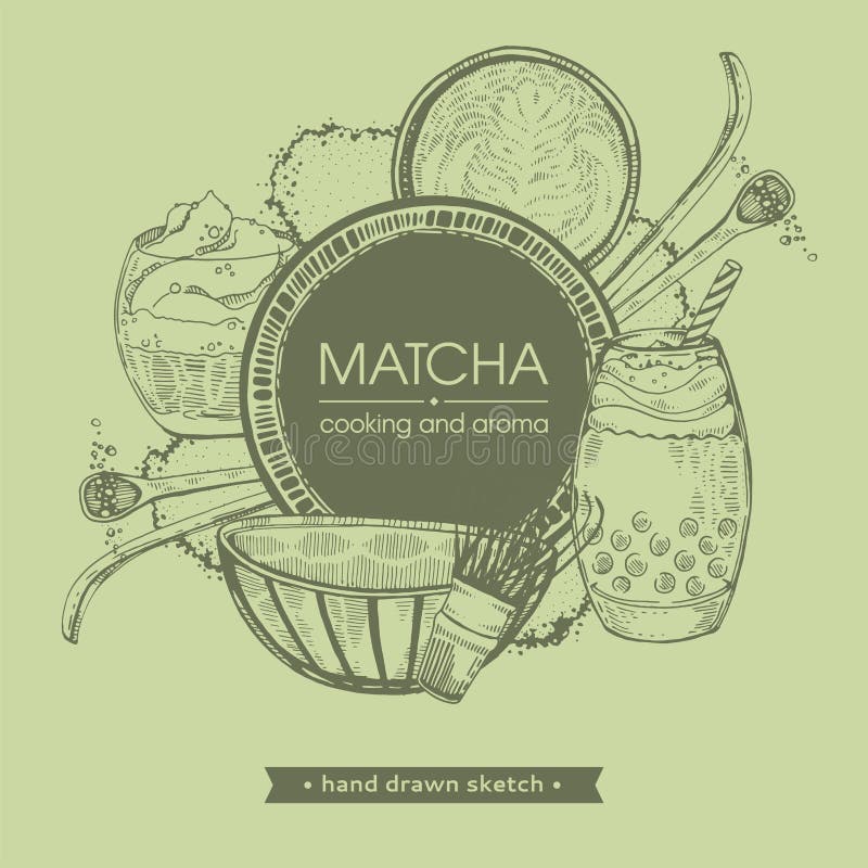 Hand-drawn Sketch Different Matcha Drinks and Cookings Stock Vector ...