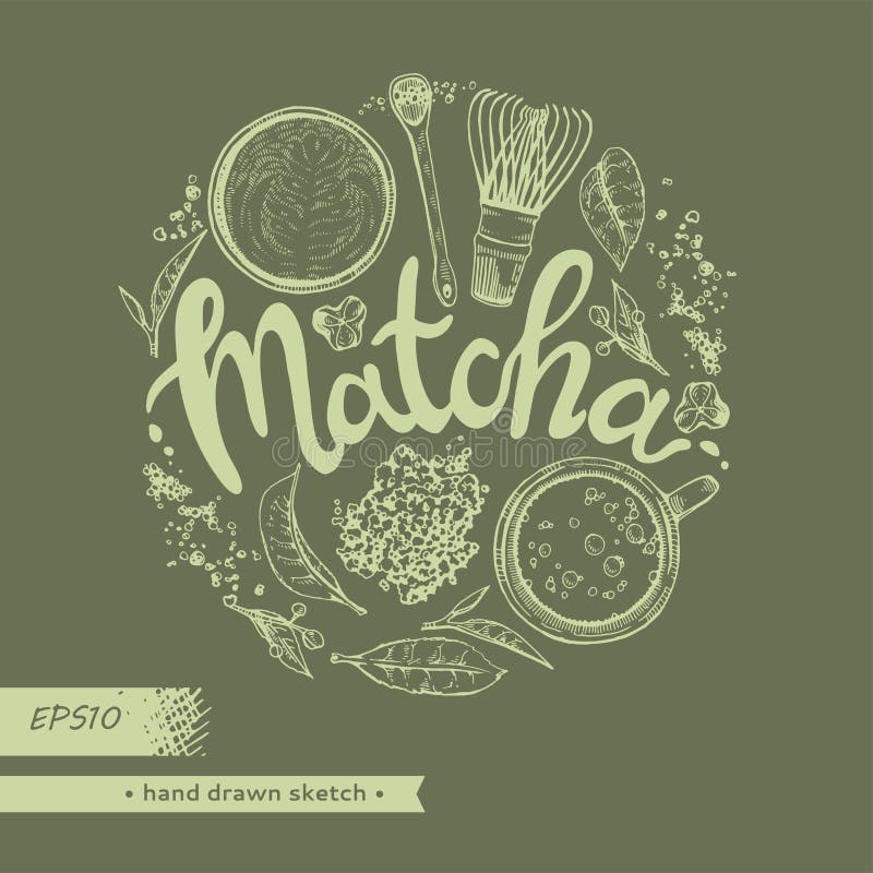 Hand-drawn Sketch Different Matcha Tools and Drinks. Stock Vector ...