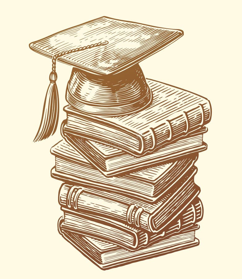 Hand Drawn Sketch Drawing of Stack of Books and Graduate Cap. Concept ...