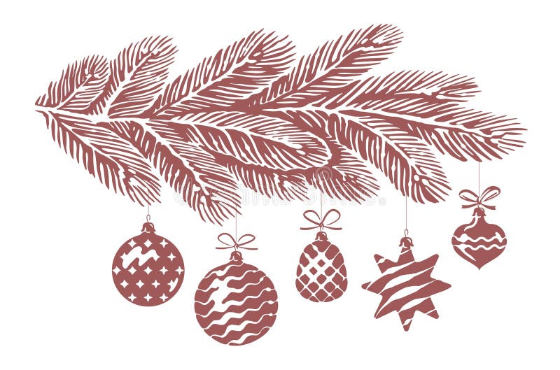Festive Decorations Hanging on Branch of Christmas Tree. Hand Drawn ...