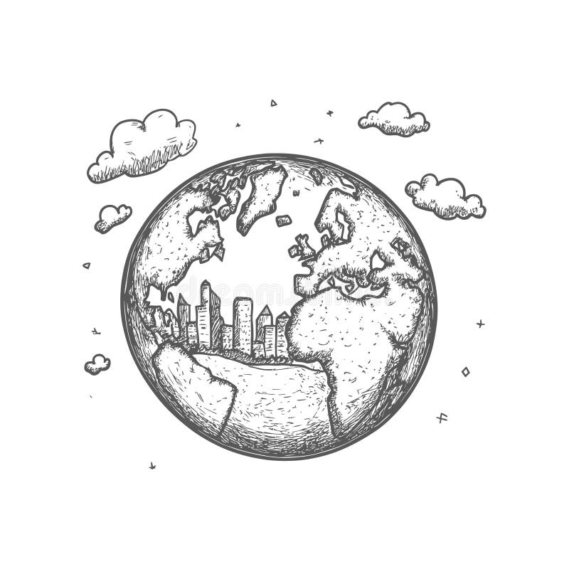Hand-drawn Sketch of Earth with City Skyline, Global Cityscape ...