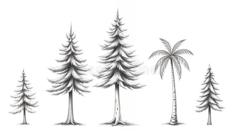 Handdrawn Sketch of Five Trees Including a Palm Tree and Various ...