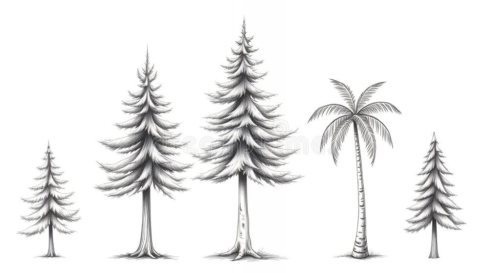 Handdrawn Sketch of Five Trees Including a Palm Tree and Various ...