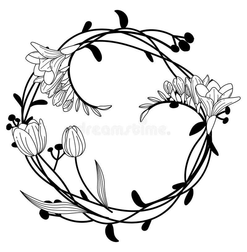 Floral Wreath Line Art Cartoon Stock Vector - Illustration of drawing ...