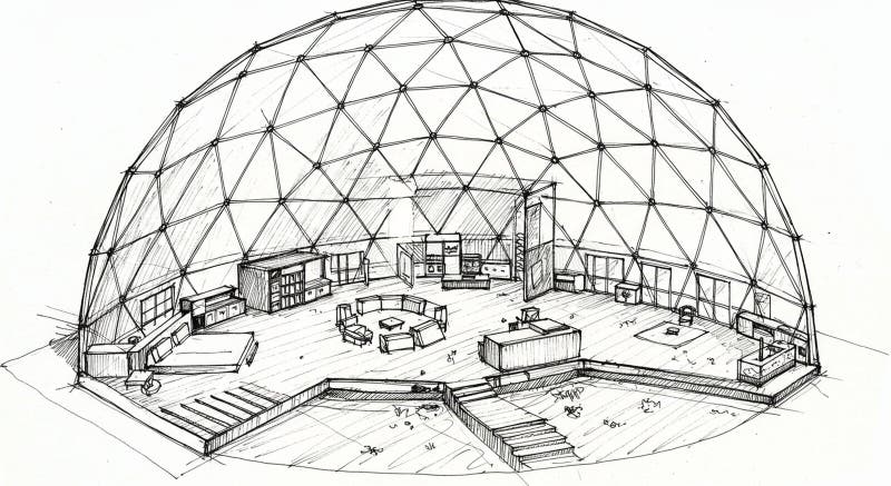 A Hand-drawn Sketch of a Geodesic Dome Structure. the Dome Features a ...