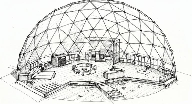 A Hand-drawn Sketch of a Geodesic Dome Structure. the Dome Features a ...