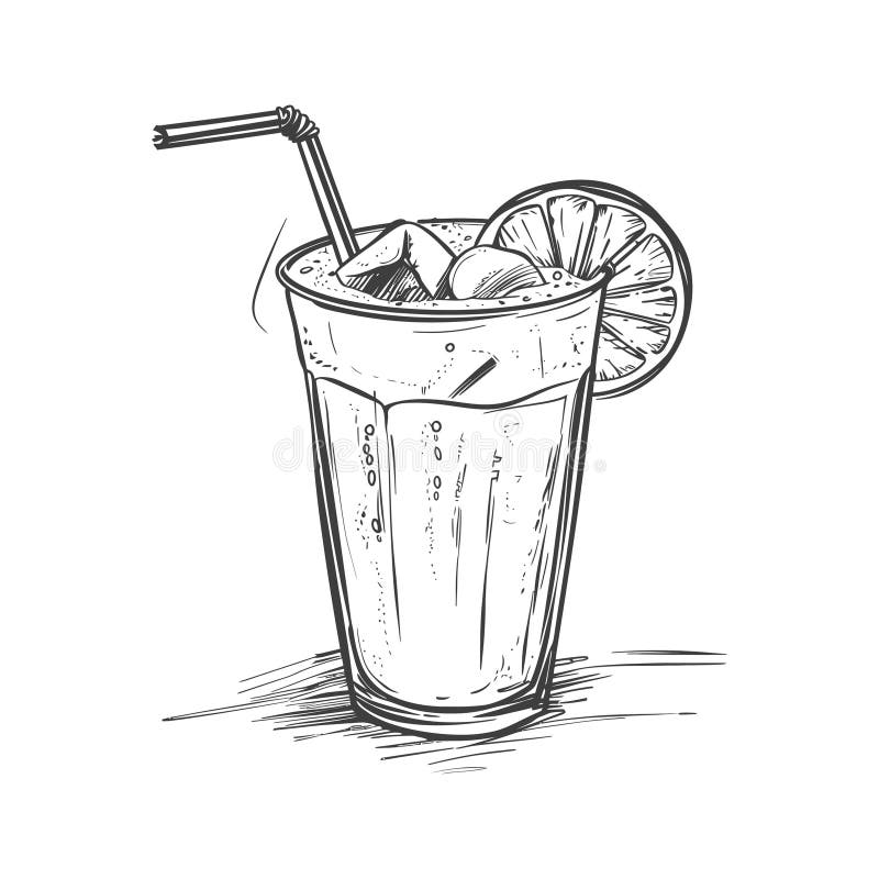 Refreshing Iced Lemon Drink Sketch, Summer Beverage Illustration Stock ...