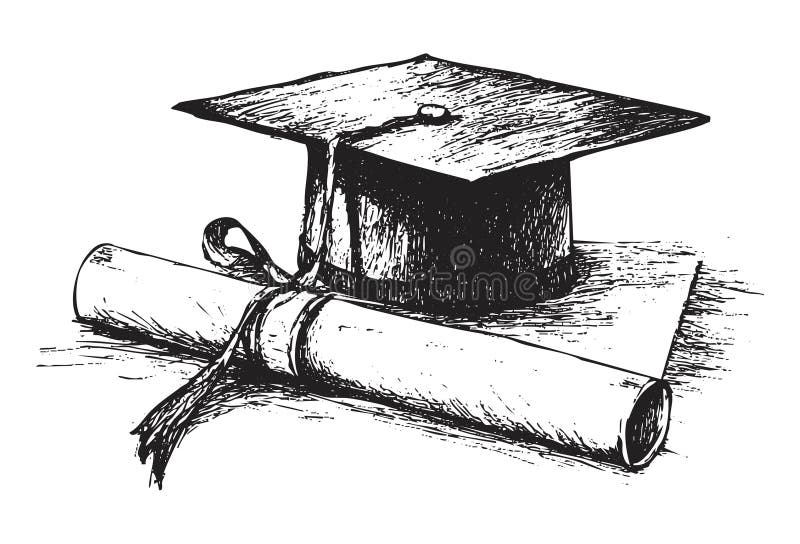 Hand-drawn Sketch of a Graduation Cap and Diploma Symbolizing Academic ...
