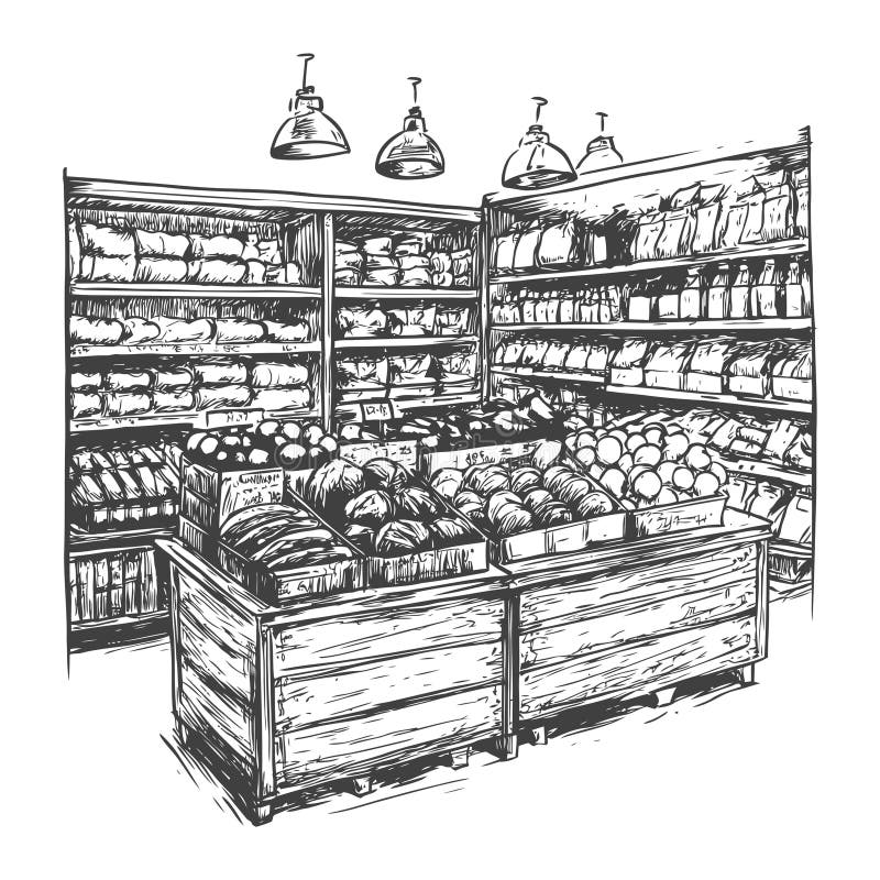 Hand-Drawn Sketch of a Grocery Store Interior with Fresh Produce and ...