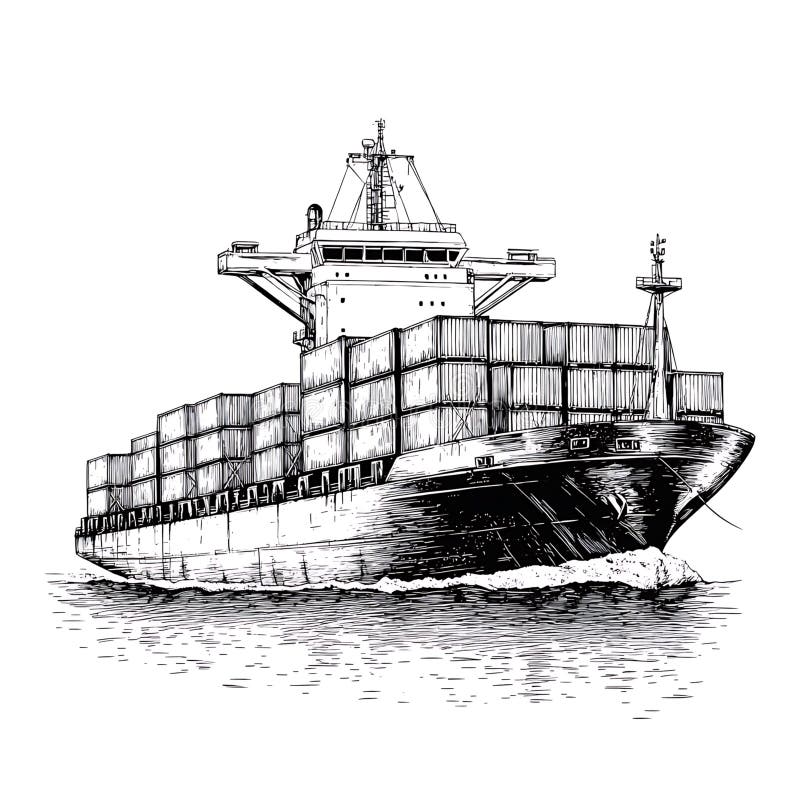 Hand-drawn Sketch of a Large Container Ship at Sea Stock Illustration ...