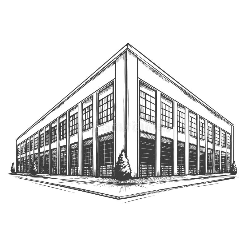 Hand-Drawn Sketch of a Modern Corner Building with Large Windows and ...