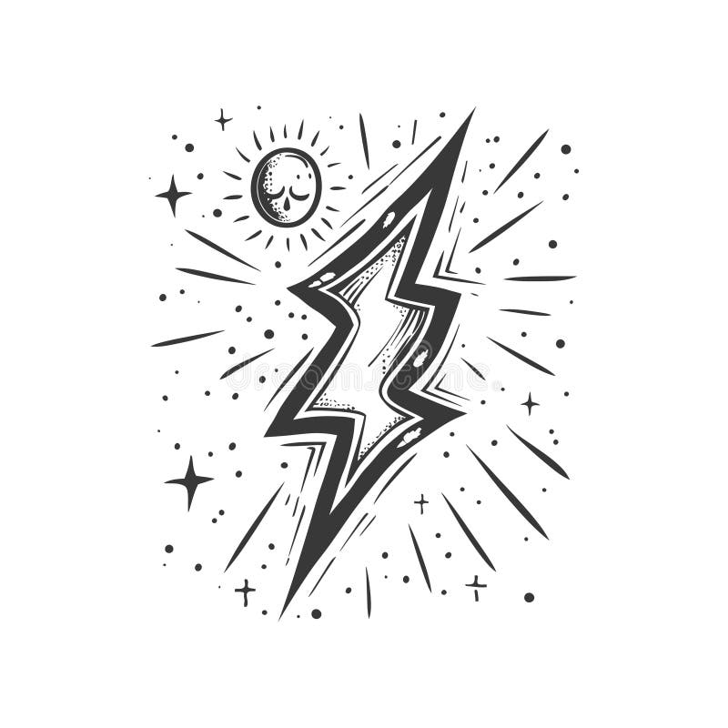 Celestial Lightning Bolt: Hand-Drawn Mystical Design with Sun and Stars ...