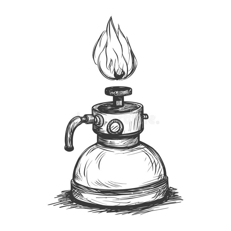 Hand-drawn Sketch of a Vintage Alcohol Burner with a Burning Flame ...