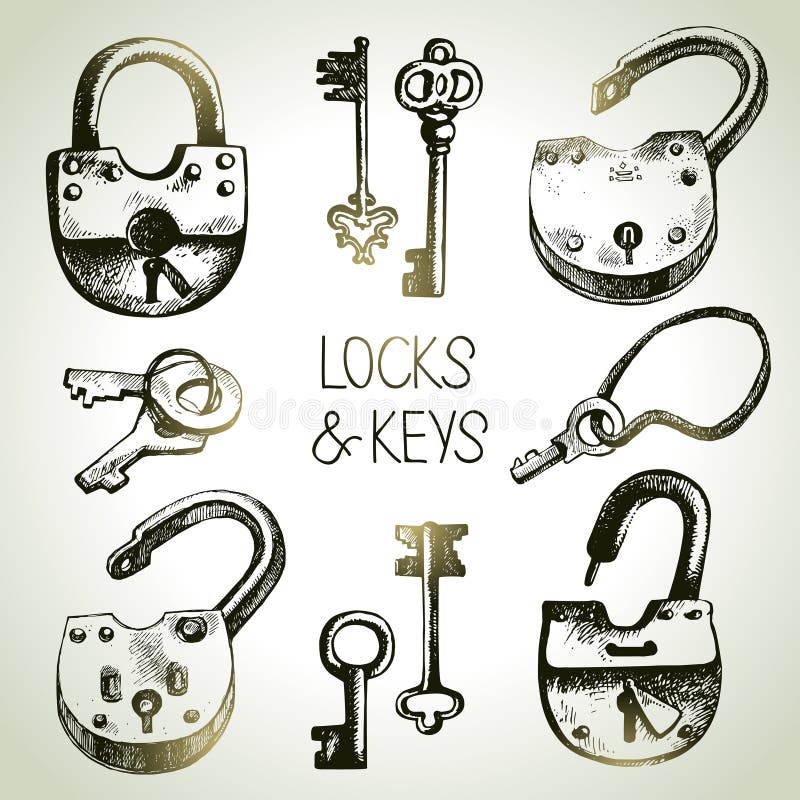 Hand Drawn Sketch Locks and Keys Set. Vector Illustration Stock ...
