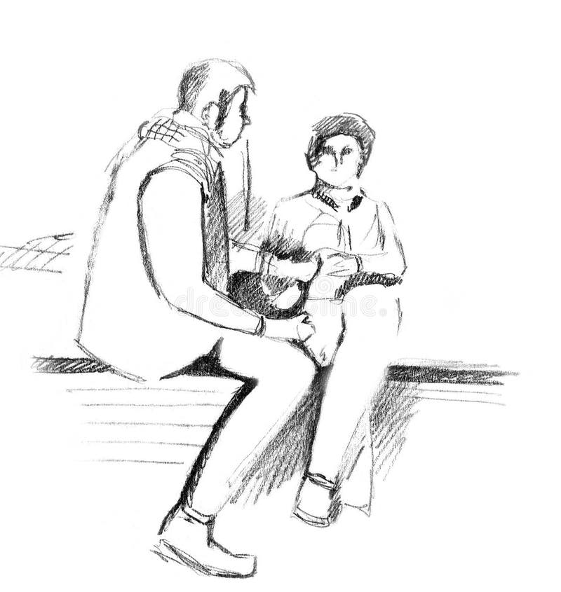 Hand Drawn Sketch of Man with Son Stock Illustration - Illustration of ...