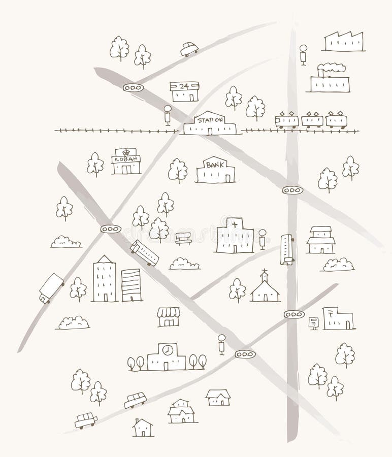 Hand drawn sketch map stock illustration. Illustration of bank - 92011549