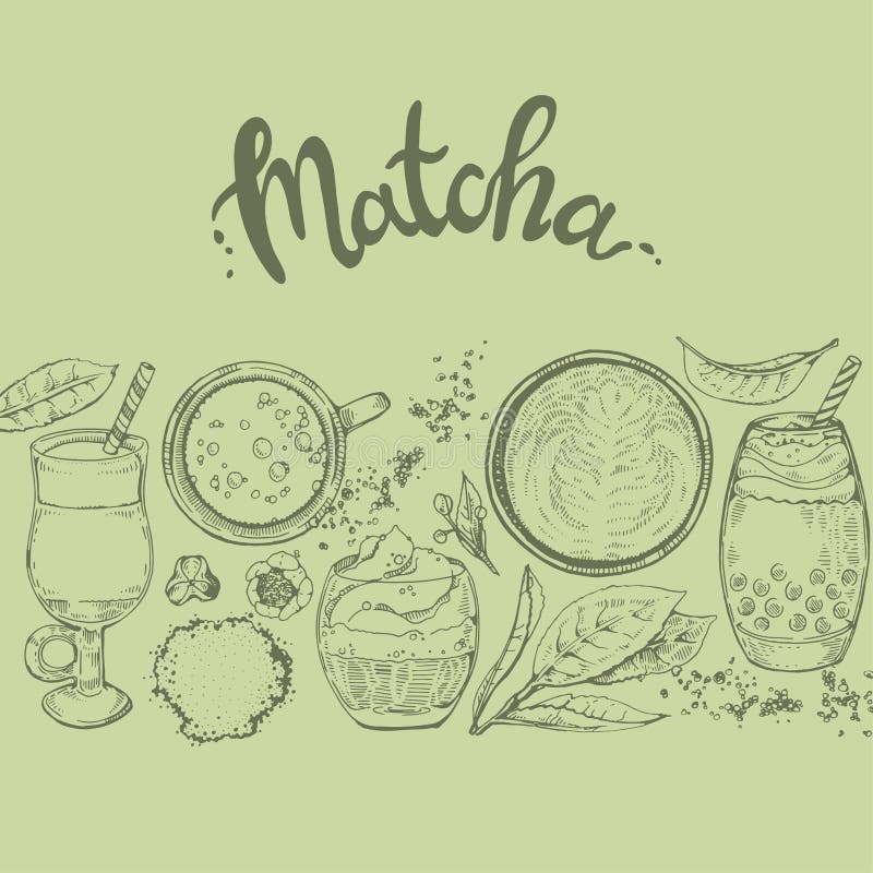 Hand-drawn Sketch Matcha Drinks and Desserts. Stock Illustration ...