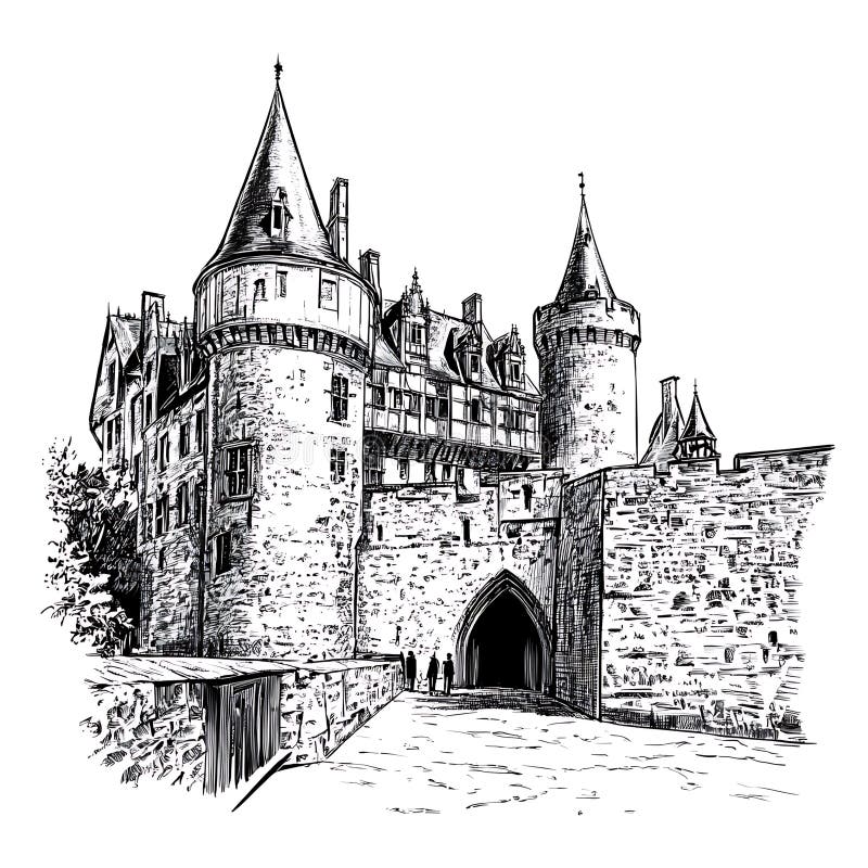 Hand-drawn Sketch of a Medieval Castle with Towers, Gate, and Walls ...