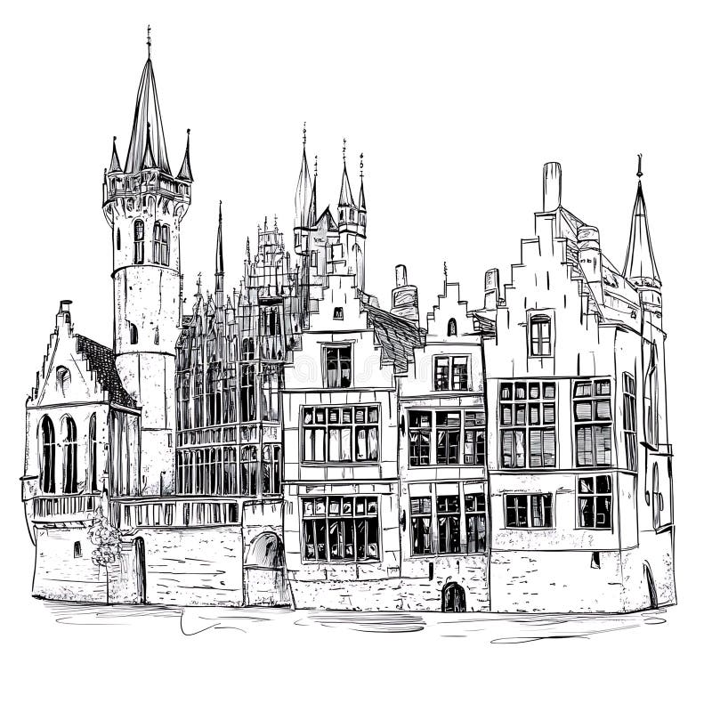 Hand-drawn Sketch of a Medieval Castle by the Water Stock Illustration ...