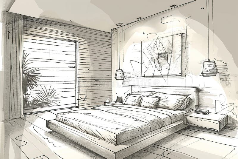 Hand-drawn Sketch of a Modern Bedroom Interior with a Bed, Bedside ...