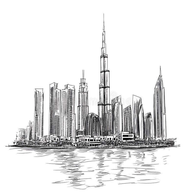 Hand-drawn Sketch of a Modern City Skyline with Skyscrapers and ...