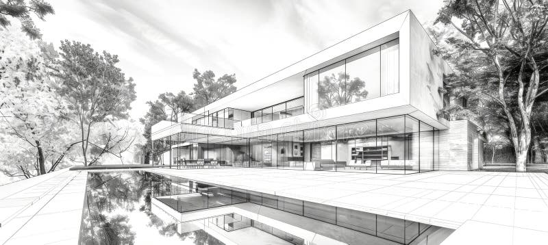 A Hand-drawn Sketch of a Modern Cottage with a Pool and Trees ...