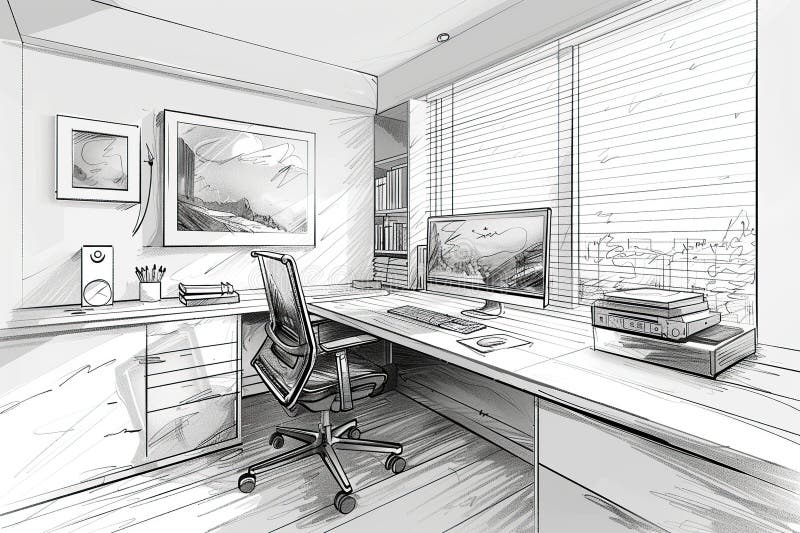 Hand Drawn Sketch of a Modern Home Office Interior with a Large Desk ...