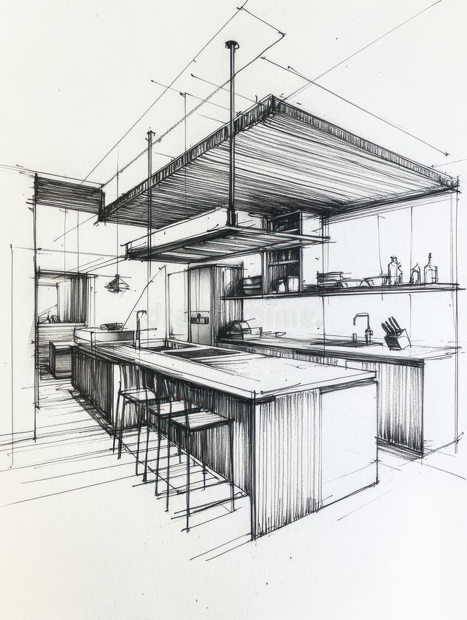 Architectural Sketch of Modern Kitchen with Island and Stools Stock ...