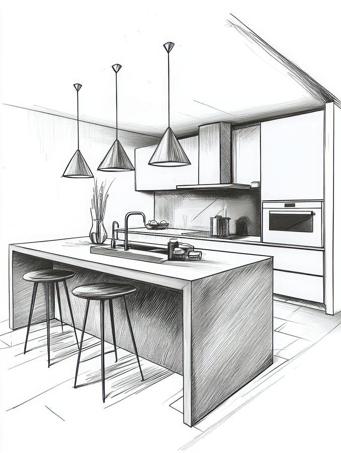 Architectural Sketch of Modern Kitchen with Island and Stools Stock ...