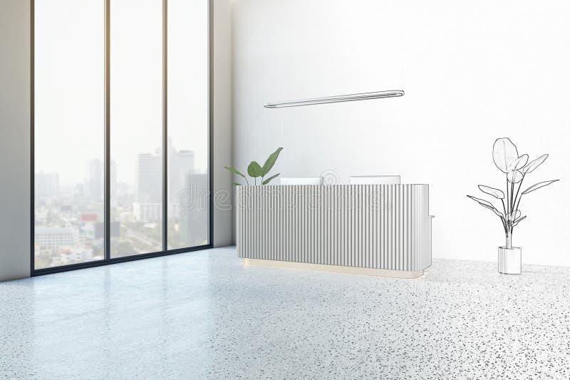 Hand Drawn Sketch of Modern Office Lobby with Reception Desk, Window ...