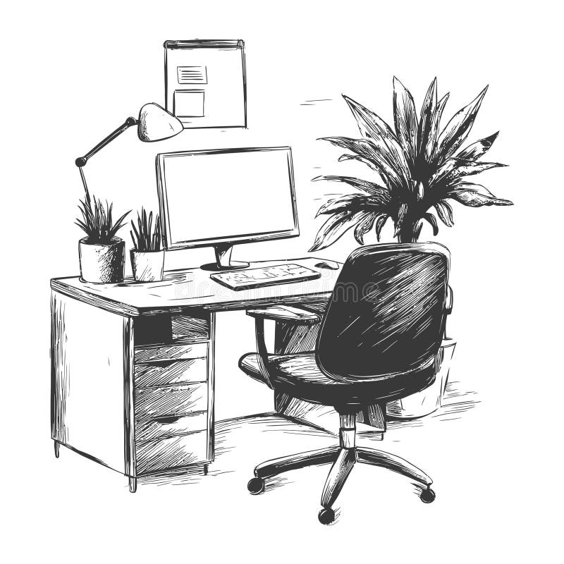 Hand-drawn Sketch of a Modern Office Workspace with a Computer, Desk ...