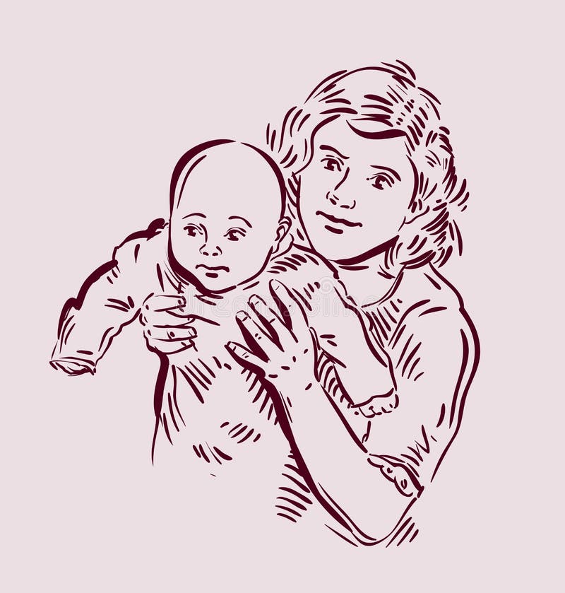 Hand Drawn Sketch Mother and Baby. Vector Stock Vector - Illustration ...