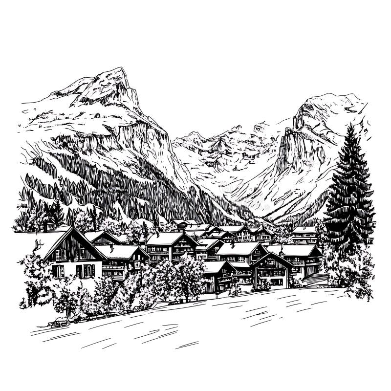 Hand-drawn Sketch of a Mountain Village Nestled in a Valley Stock ...