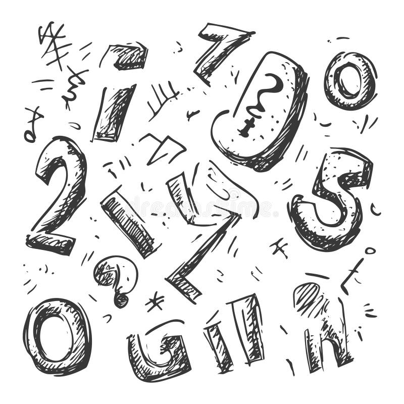 Hand-Drawn Numbers and Symbols Scattered on White Background Stock ...
