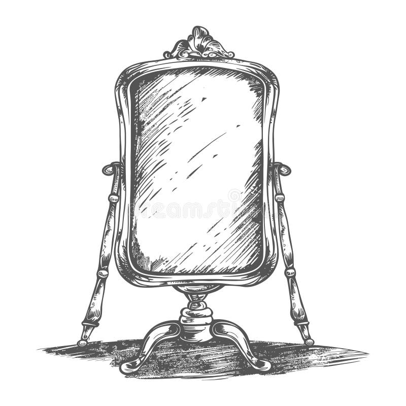 Elegant Ornate Antique Mirror Hand-Drawn Sketch, Vintage Reflection ...