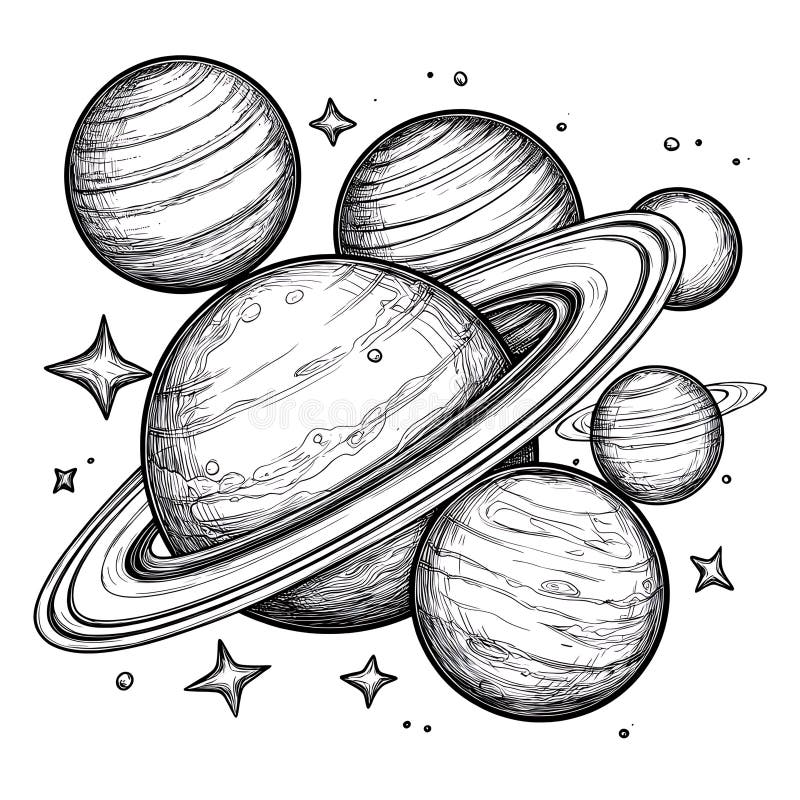 Hand Drawn Sketch of Planets and Stars in Outer Space Stock ...