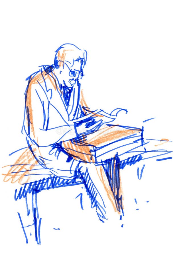 Hand Drawn Sketch of Reading Man Stock Image - Image of scrabble, bench ...