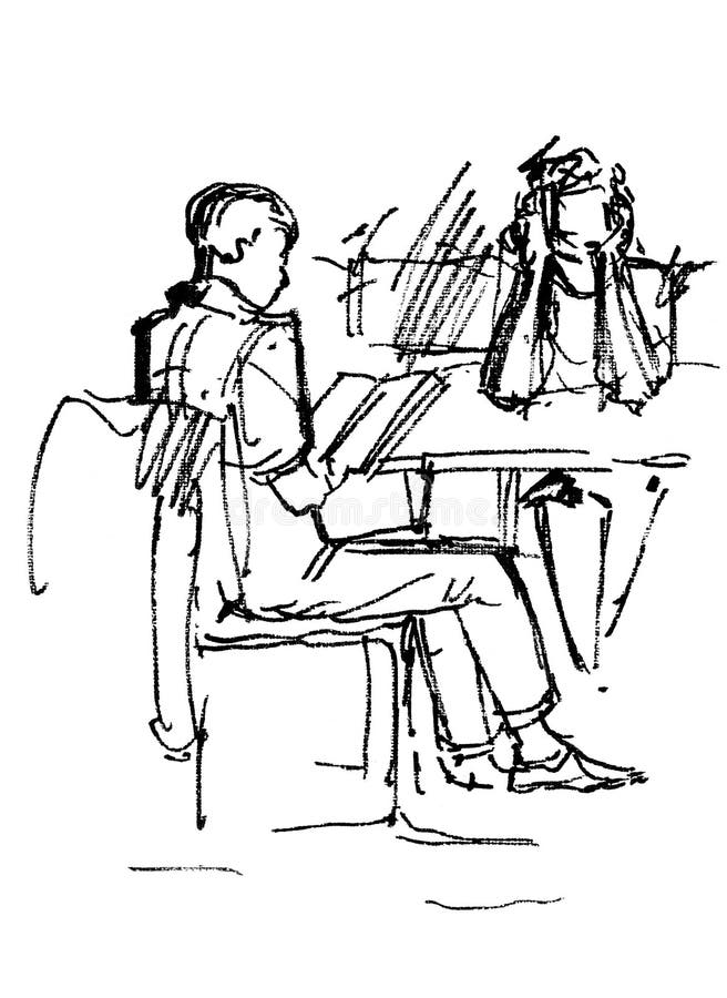 Hand Drawn Sketch of Reading Students Stock Illustration - Illustration ...