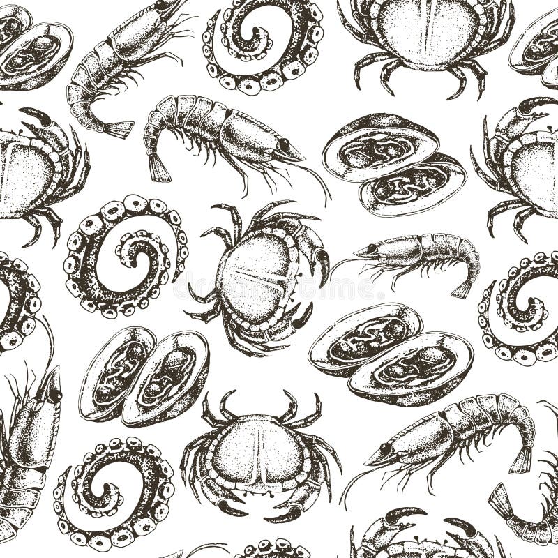 Hand Drawn Sketch Seafood Seamless Pattern. Stock Vector - Illustration ...