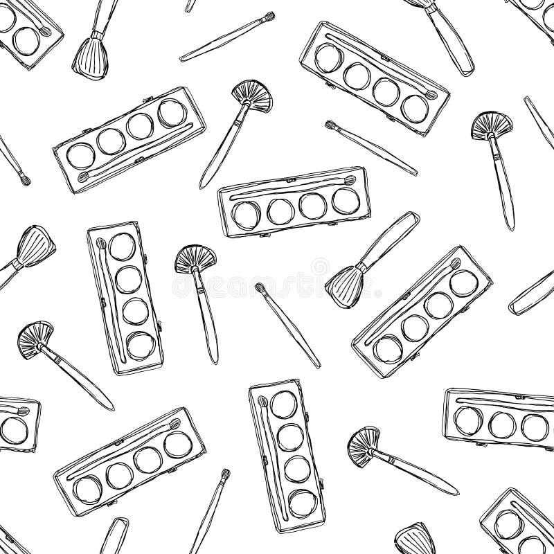 Hand Drawn Sketch Seamless Pattern of Makeup Accessories on White ...